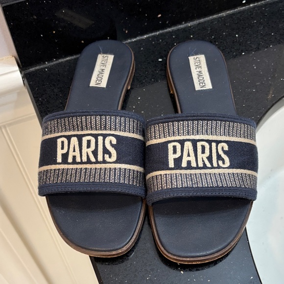 Steve Madden | Shoes | Steve Madden Navy Slides With Paris Detail ...